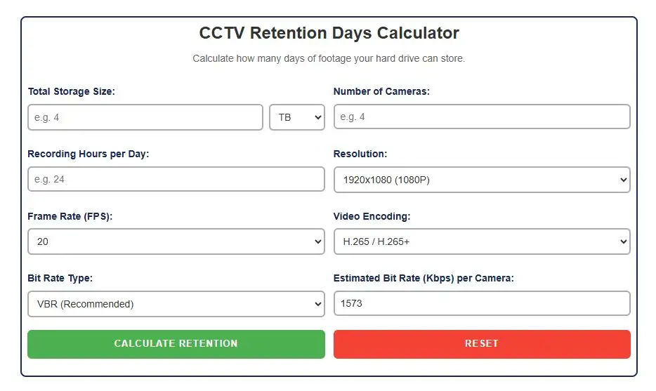 CCTV Retention Days Calculator – Estimate DVR/NVR Recording Days Easily